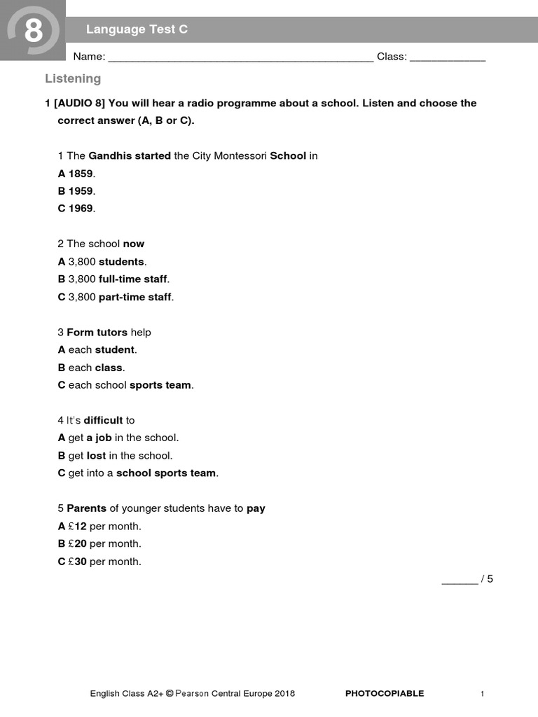 ECA2+ Tests Language Test 8C 2018 | PDF