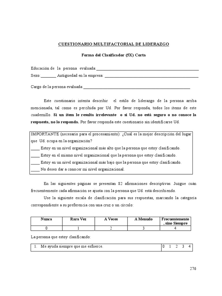 Cuestionario - Tests - MLQ 5X Corto | PDF