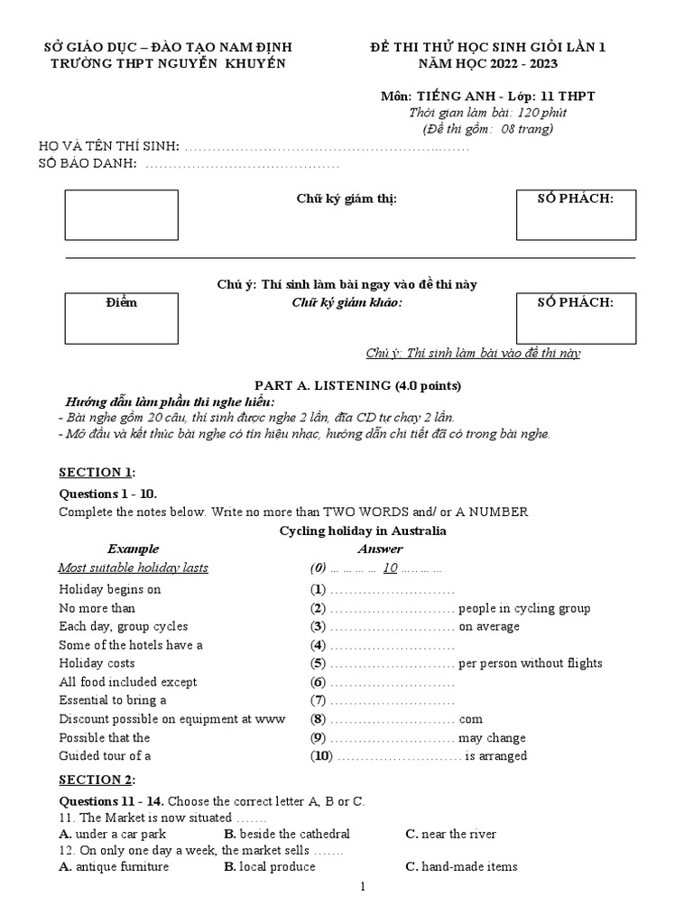 ĐỀ HSG 11 - 2023 LẦN 1 | PDF