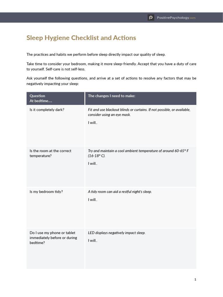 Sleep Hygiene Checklist and Actions | PDF | Sleep