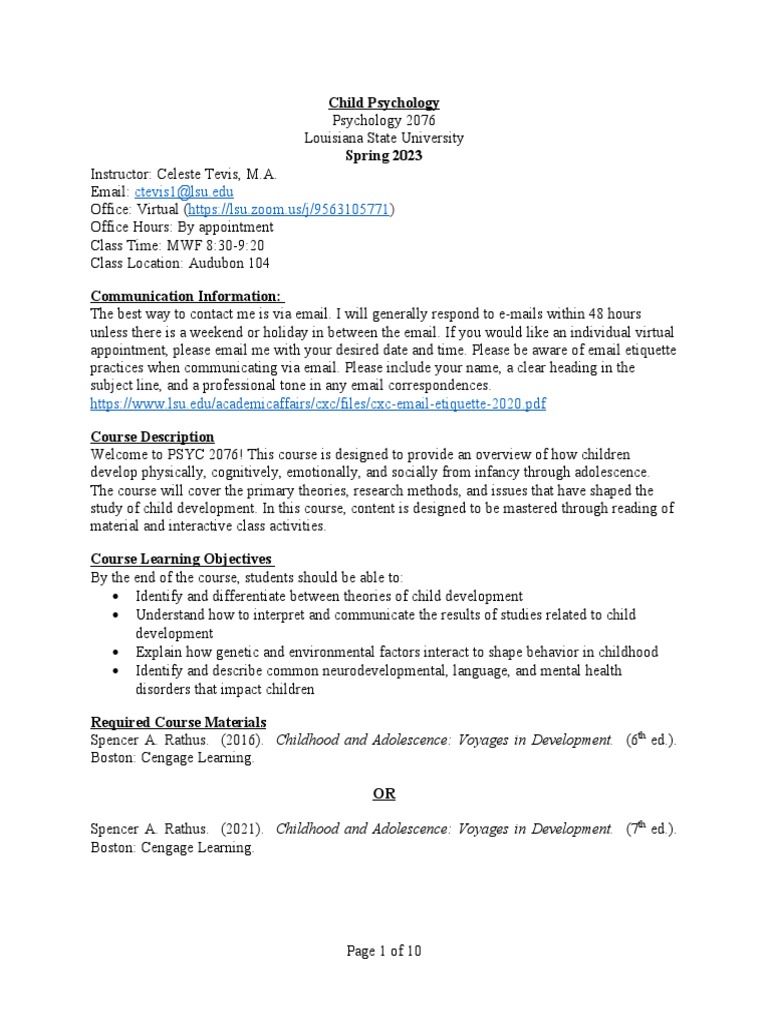 Child Psychology Syllabus - Spring 2023 | PDF | Psychology ...