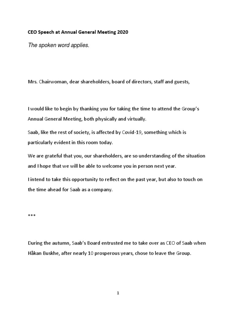 Speech Ceo Micael Johansson Agm Saab 2020 SD | PDF | Sweden | Business