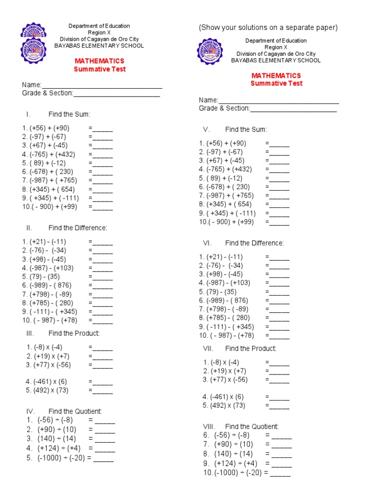 MAPEH Integers | PDF | Summation | Mathematics