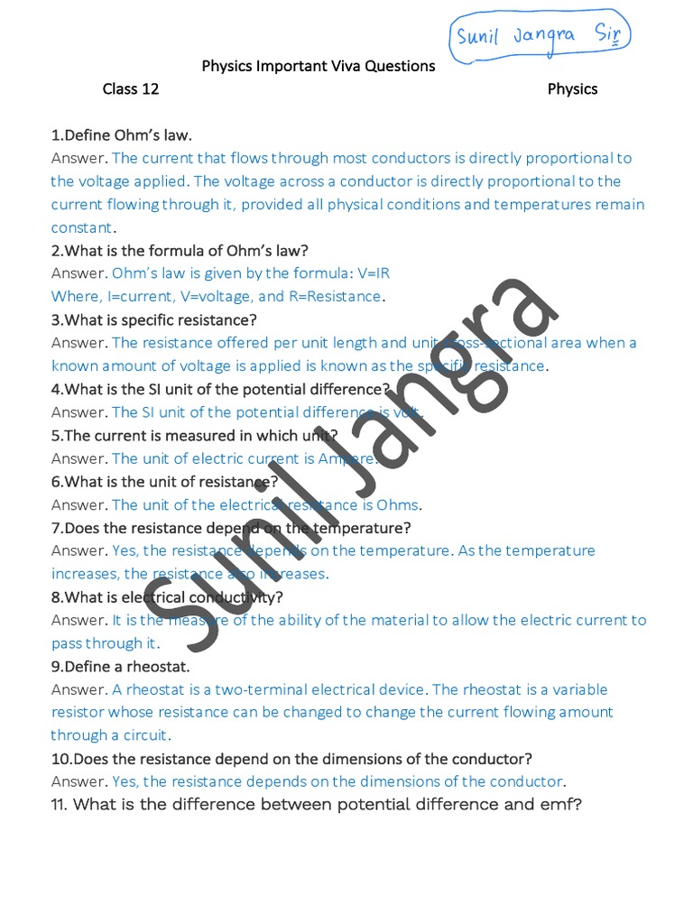 Important Viva Questions | PDF | Electrical Resistance And Conductance ...