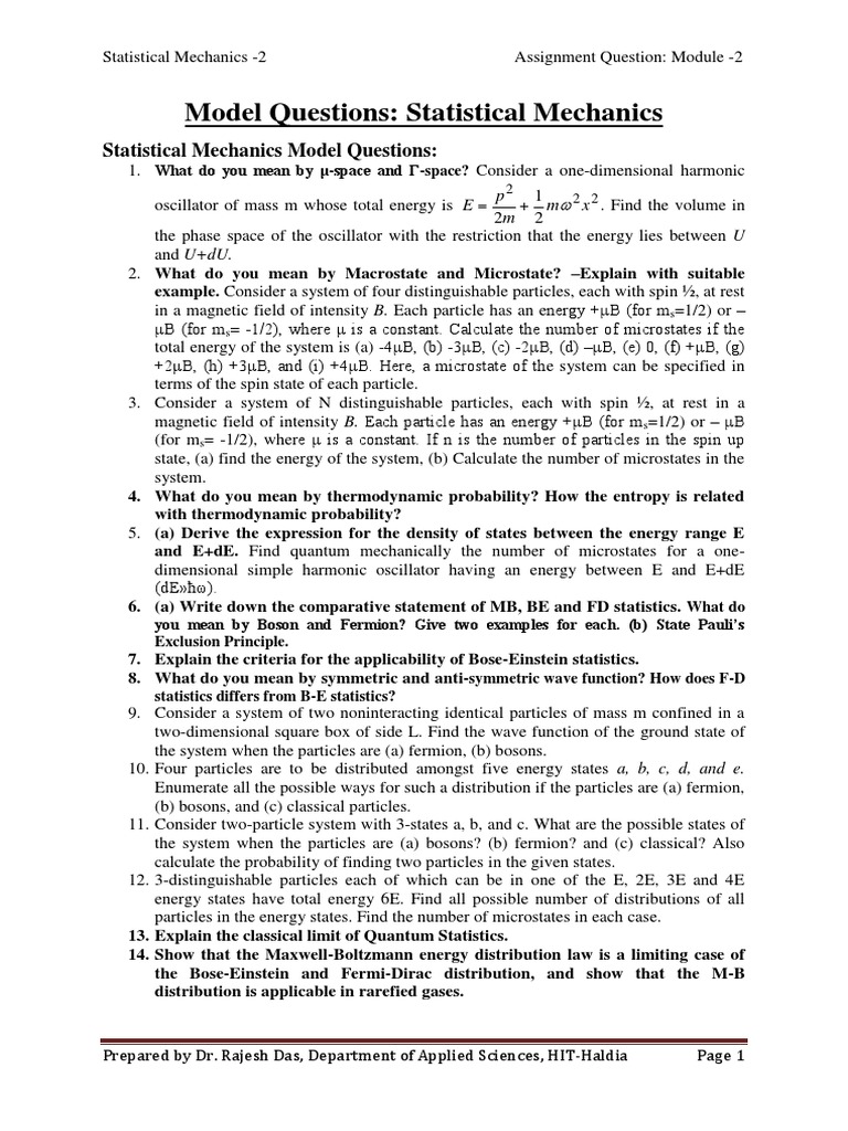 1 - Assignment - PH 401 (EE) - MODULE - 6 (Statistical Mechanics) | PDF | Mathematical Physics ...