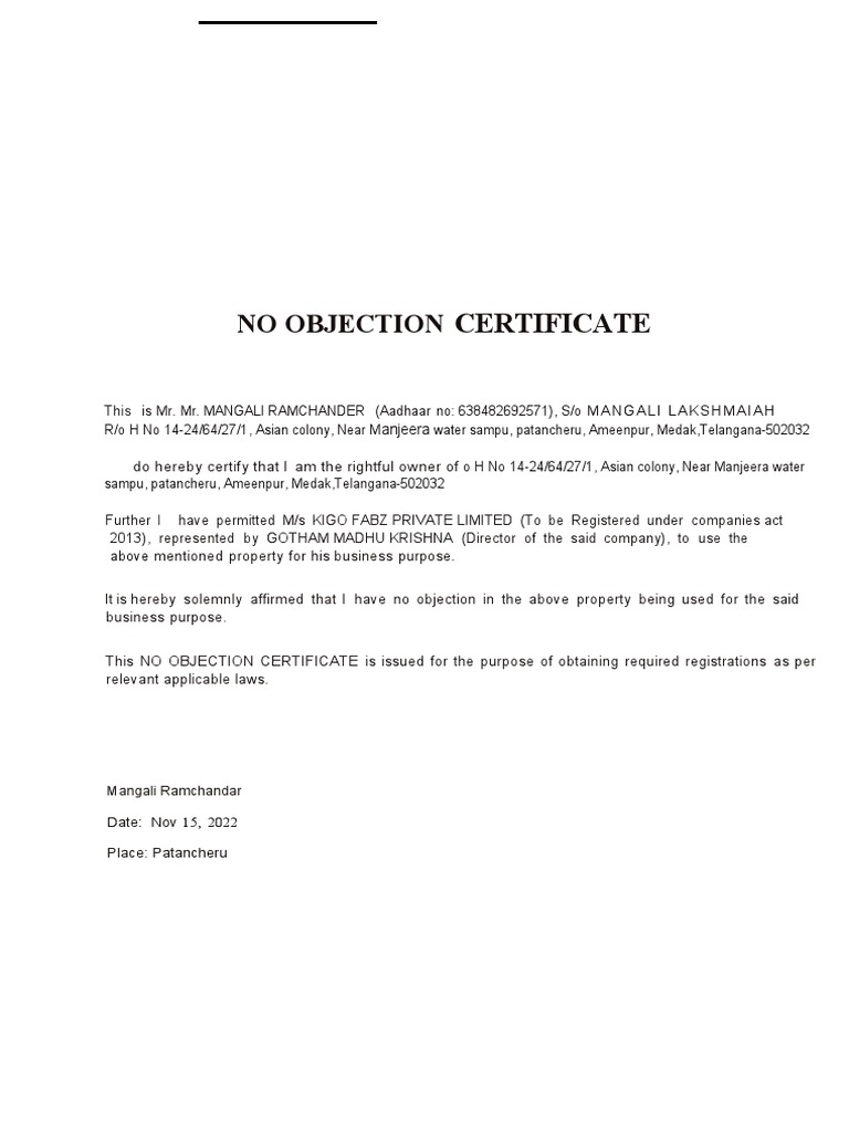No Objection: Certificate | PDF | Lease | Law And Economics