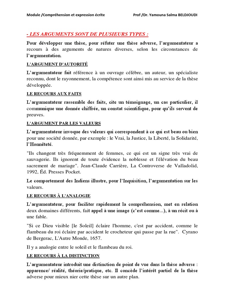 Types d'arguments en écriture argumentative | PDF | Argumentation ...