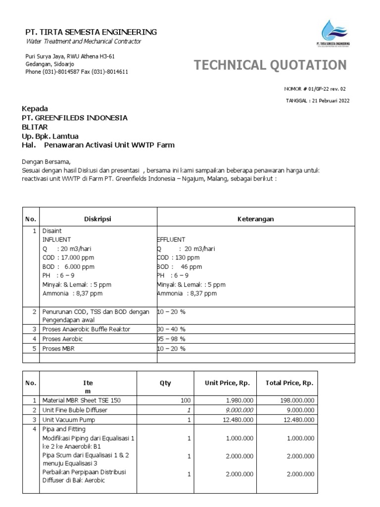 Penawaran - Reaktivasi Unit WWTP-dikonversi Rev 2 | PDF