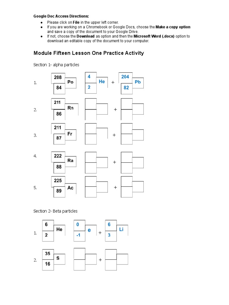 Module Fifteen Lesson One Practice Activity: Section 1-Alpha Particles ...