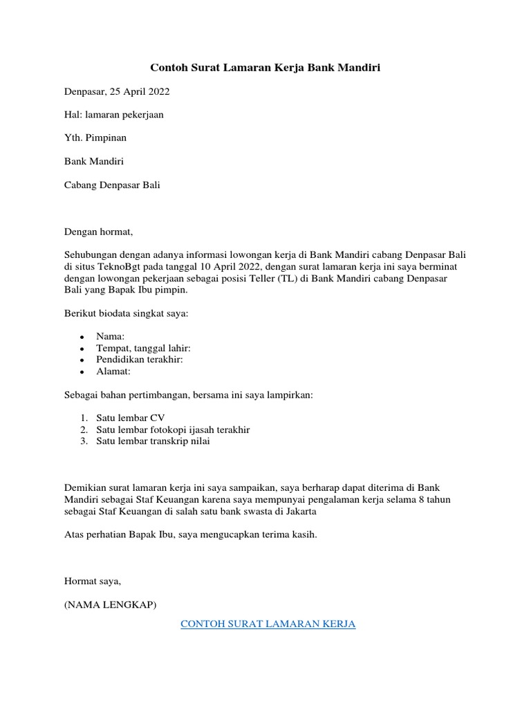 Contoh Surat Lamaran Teller Bank Mandiri | PDF | Karier & Perkembangan ...