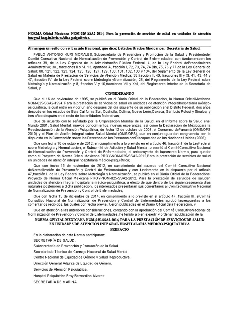 Norma Oficial 025-Ssa02-2014 | PDF | Hospital | Salud mental