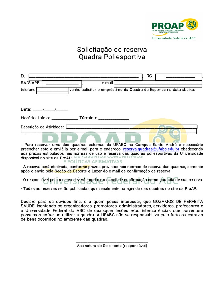 Solicitacao - Reserva - Quadra Nhew | PDF
