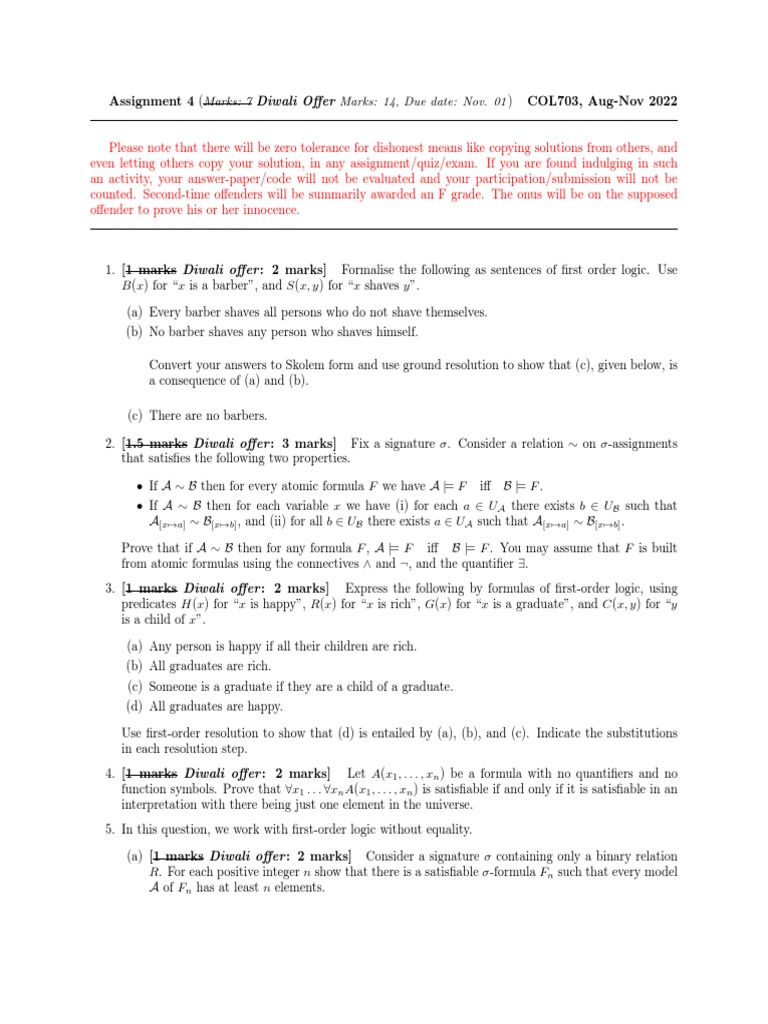COL703 IIT Delhi Assignment 4 | PDF | First Order Logic | Mathematics