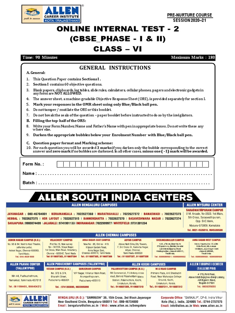 Online Internal Test - 2 (Cbse - Phase - I & Ii) Class - Vi: General ...