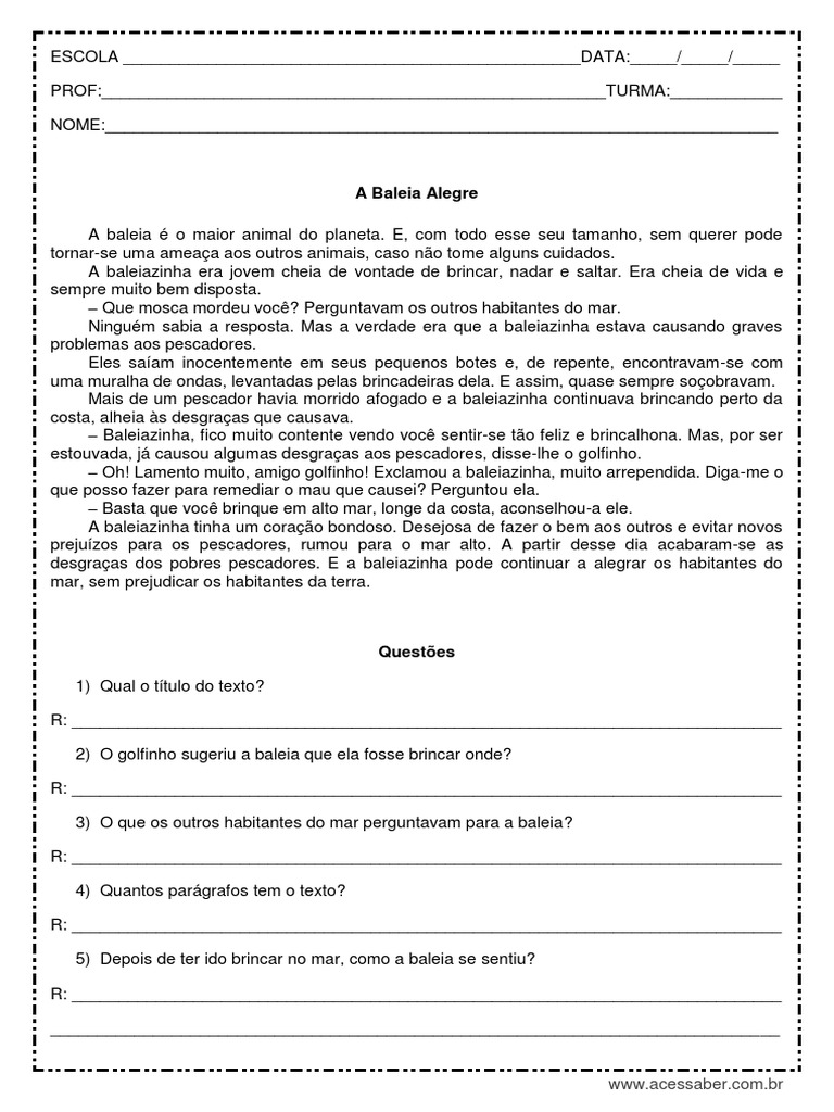 Interpretacao de Texto A Baleia Alegre 4º Ou 5º Ano | PDF | Golfinho