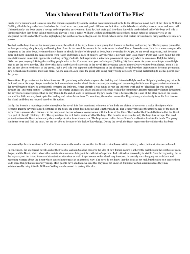 Mans Inherent Evil in Lord of The Flies | PDF