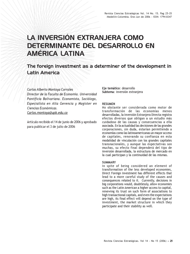 La Inversión Extranjera Como Determinante Del Desarrollo en América Latina | PDF | Crecimiento ...