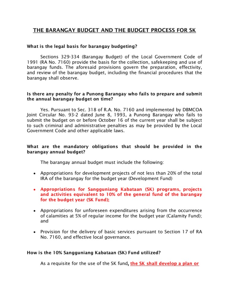 The Barangay Budget and The Budget Process For SK | PDF
