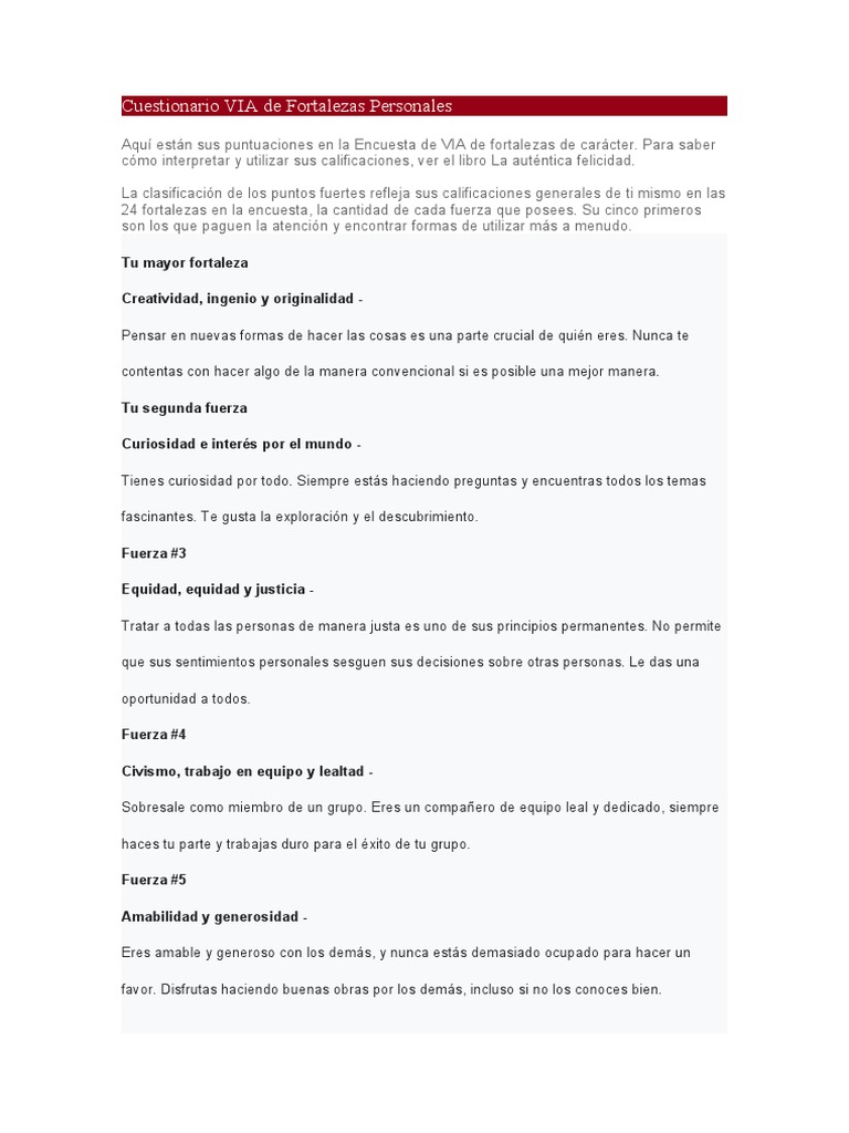 Cuestionario VIA de Fortalezas Personales | PDF | Pensamiento ...