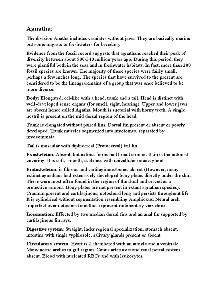 Agnatha Charecters, Classification | PDF | Fish | Zoology