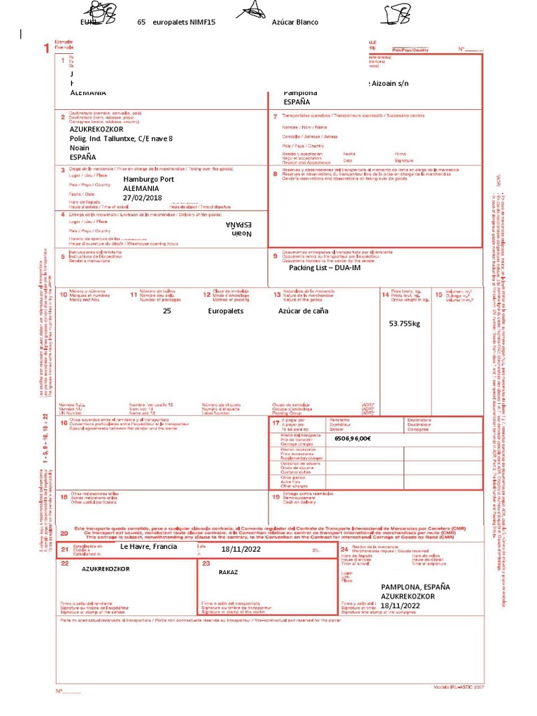 Documento de Transporte y CMR Rellenado | PDF