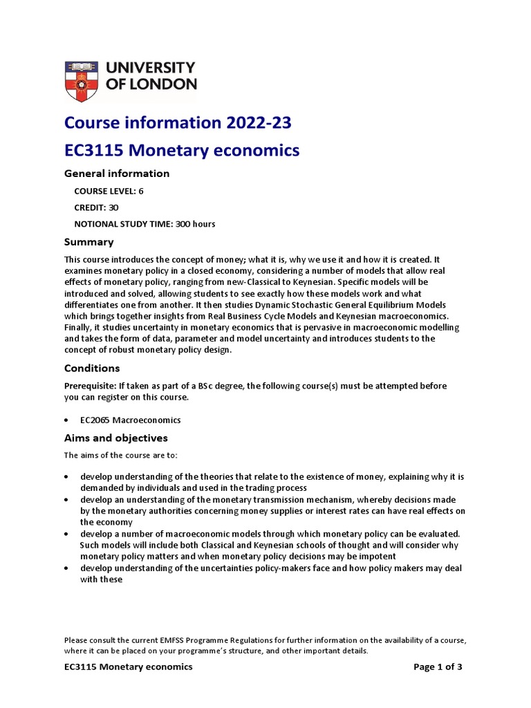 EC3115 Monetary Economics | PDF | Monetary Policy | Macroeconomics