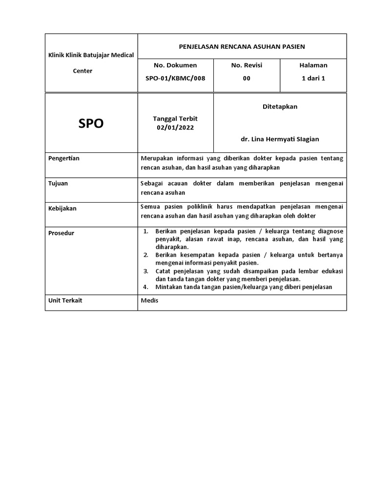 Spo Penjelasan Rencana Asuhan Pasien | PDF