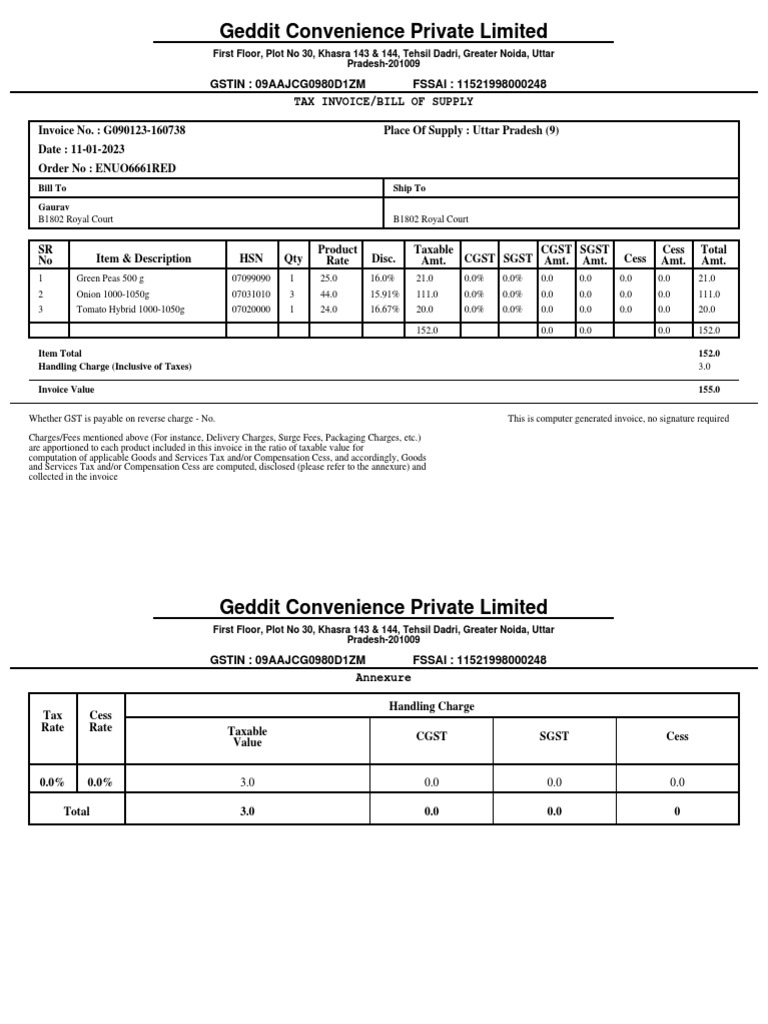 Invoice for the Sale of Vegetables from Geddit Convenience Private ...