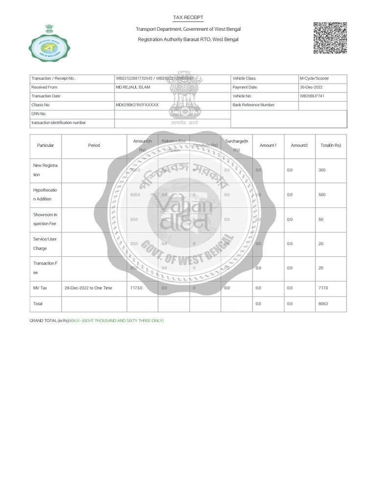 West Bengal Vehicle Tax Receipt | PDF | Fee | Taxes