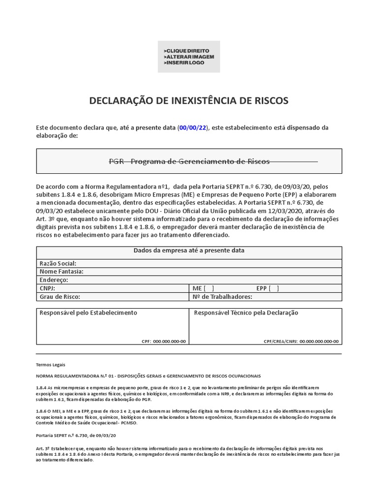 Modelo Declaracao de Inexistencia de Riscos Me Epp PGR Pcmso Sistema ...