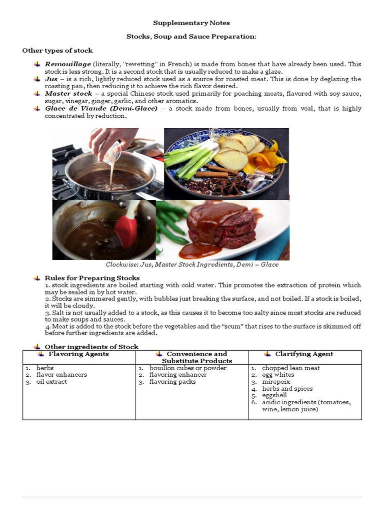 Supplementary Notes in Stocks, Soup and Sauce Preparation | PDF | Stock ...