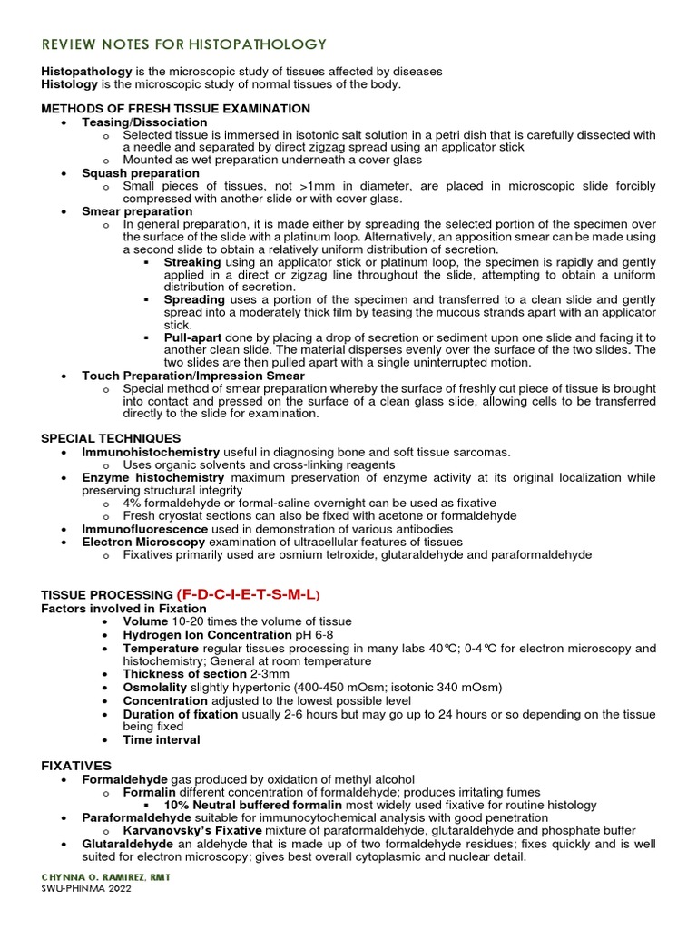 Histopathology Review Notes | PDF | Staining | Fixation (Histology)