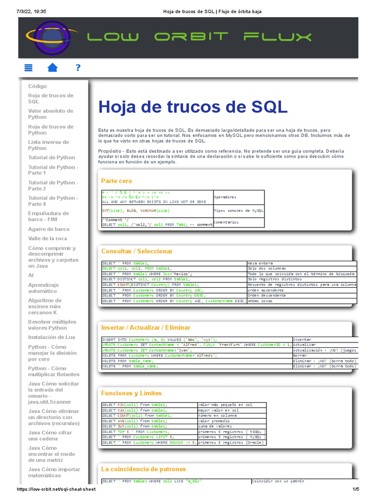 Hoja de Trucos de SQL - Flujo de Órbita Baja | PDF | SQL | Datos