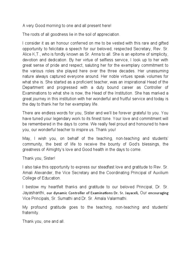 Thank You Speech for Felicitation Day | PDF