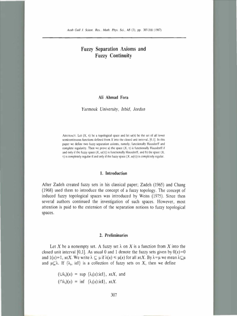 Fuzzy Separation Axioms in Topology | PDF | Space | Logic