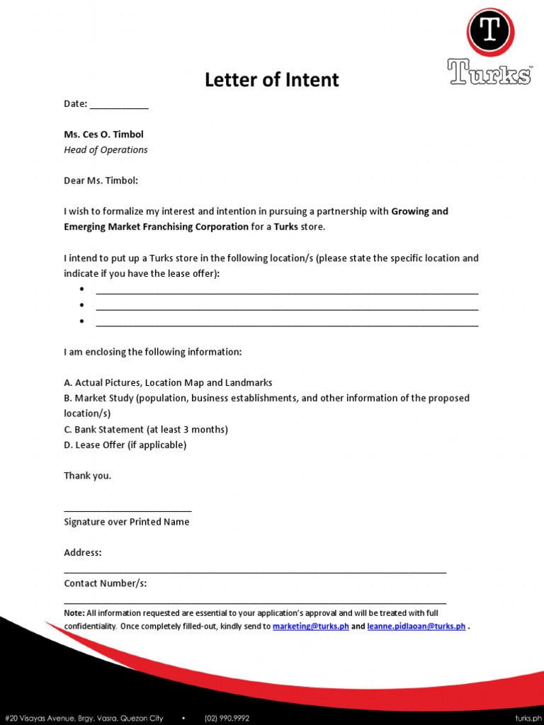 Letter of Intent | Download Free PDF | Business | Franchising