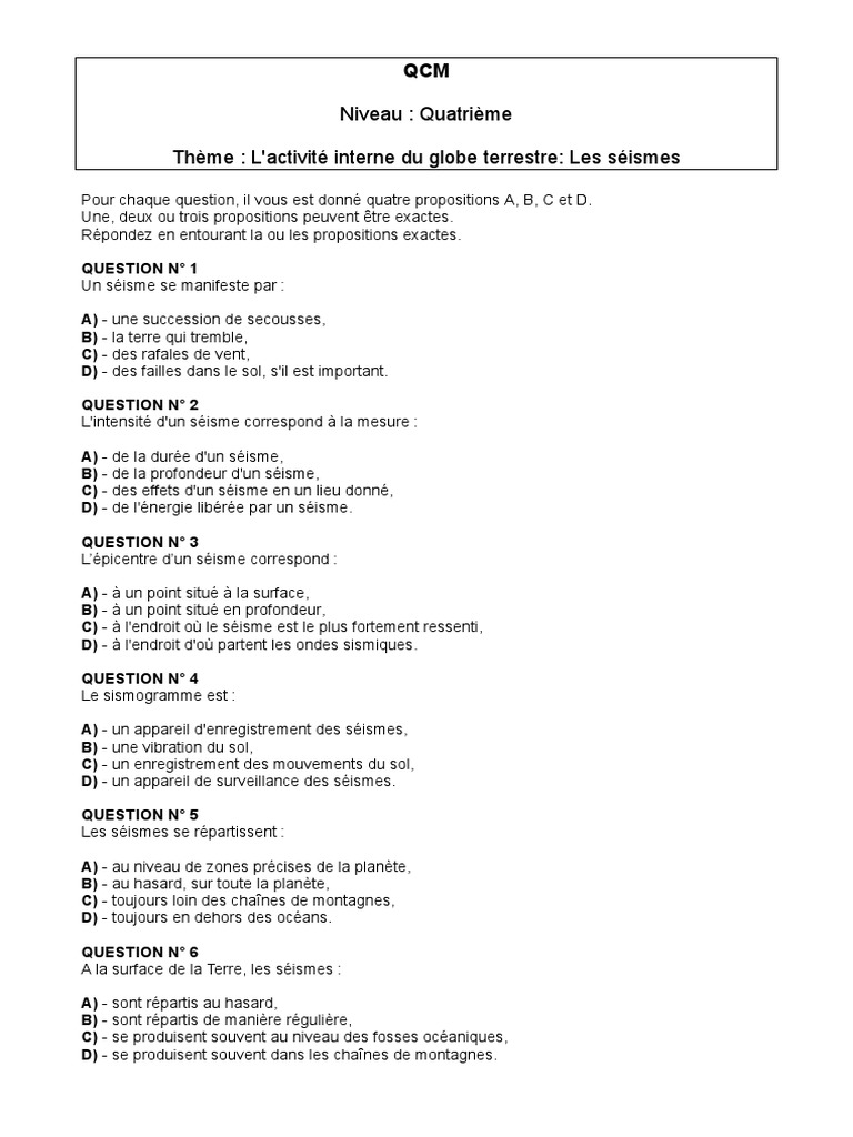 QCM Seismes | PDF | Histoire