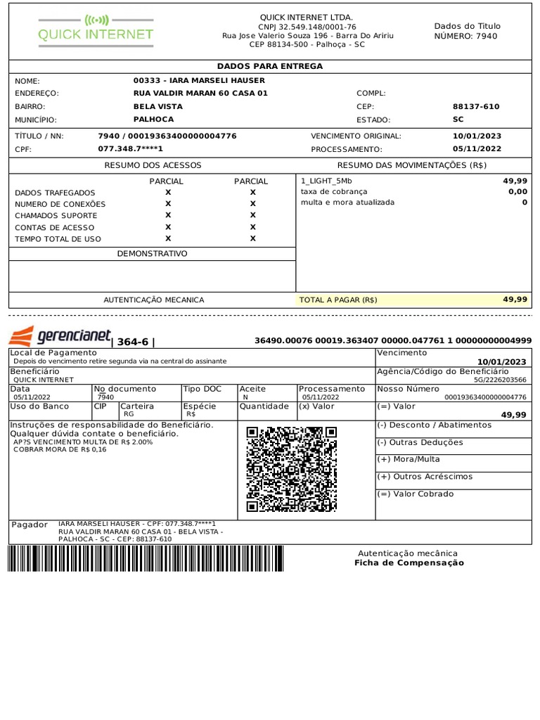 Fatura de serviços de internet residencial com detalhamento do consumo ...