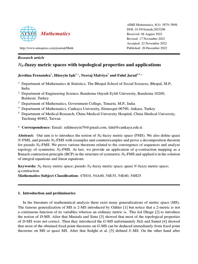 Nb-Fuzzy Metric Spaces With Topological Properties and Applications | PDF | Equations | Metric ...