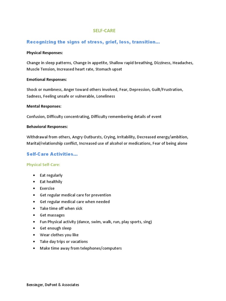Self Care Handout | PDF | Anger | Grief