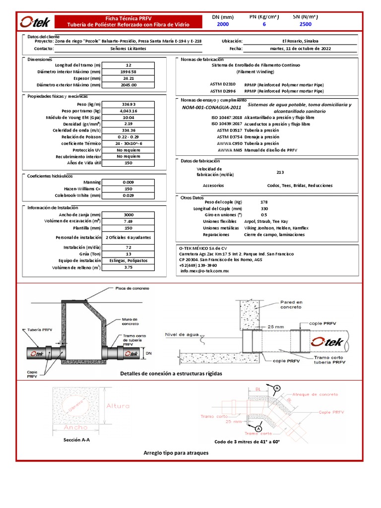 Ficha Técnica Tubería PRFV 2000mm | PDF | Tubería (transporte de fluidos) | Fibra de vidrio