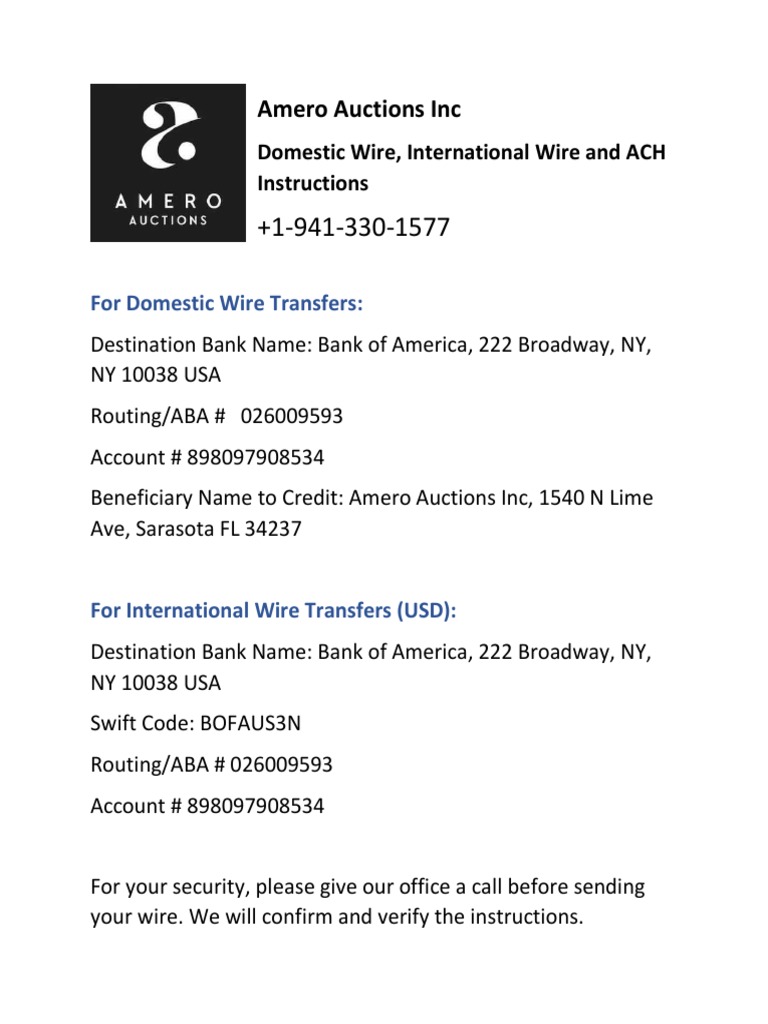 Wire Transfer Instructions Amero Auctions | PDF