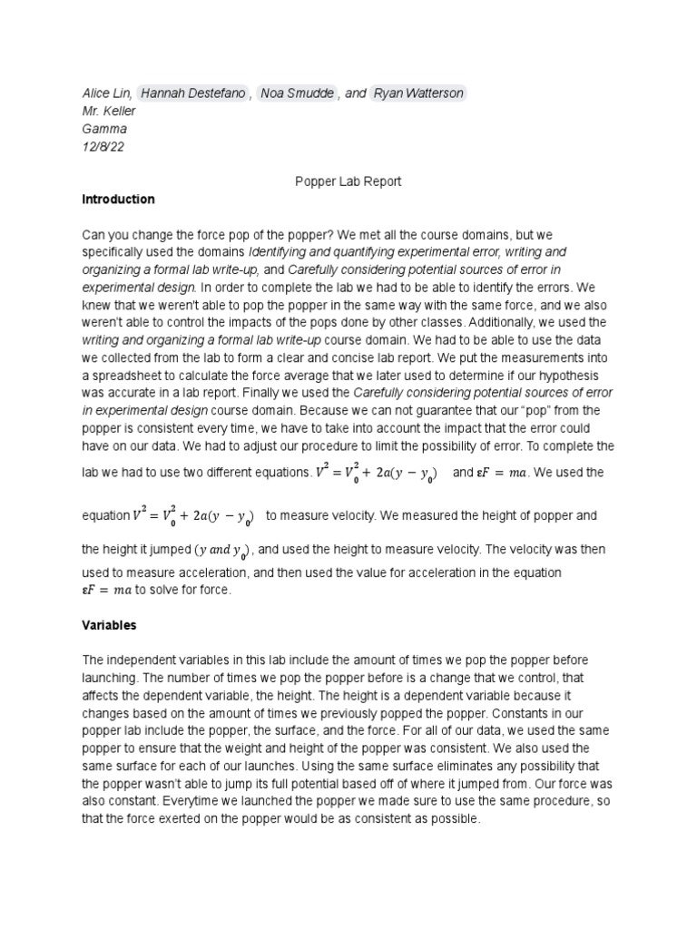 Popper Lab Report by Noa and Ryan | PDF | Force | Physics