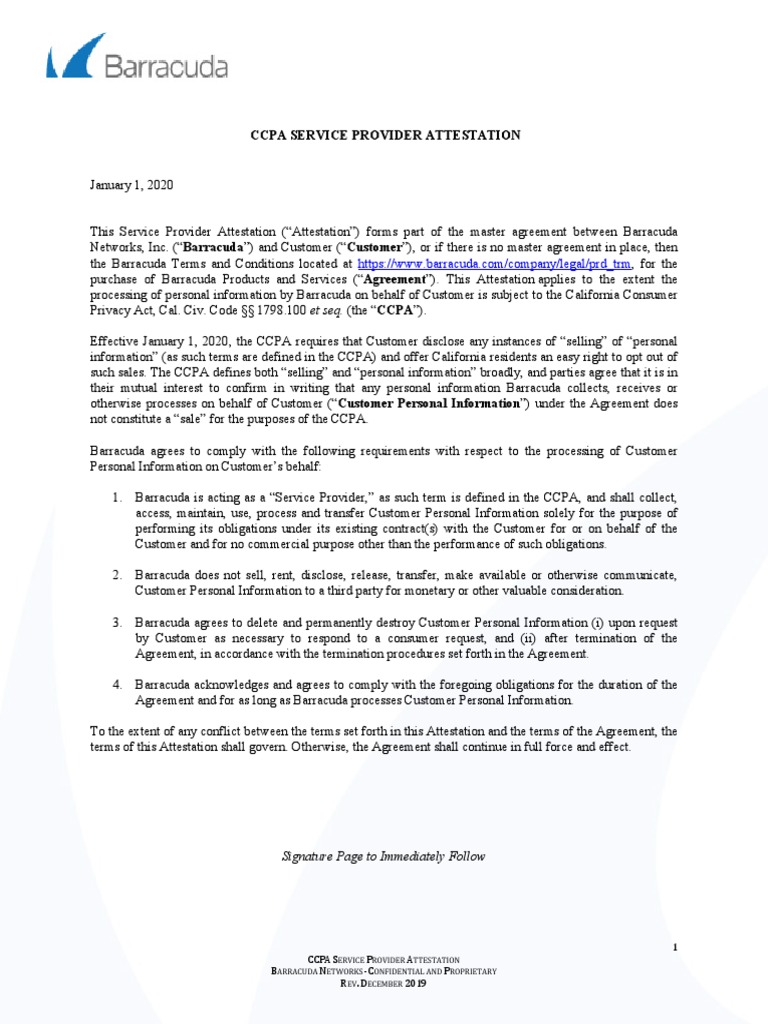 CCPA Service Provider Attestation | PDF | Information | Business Law