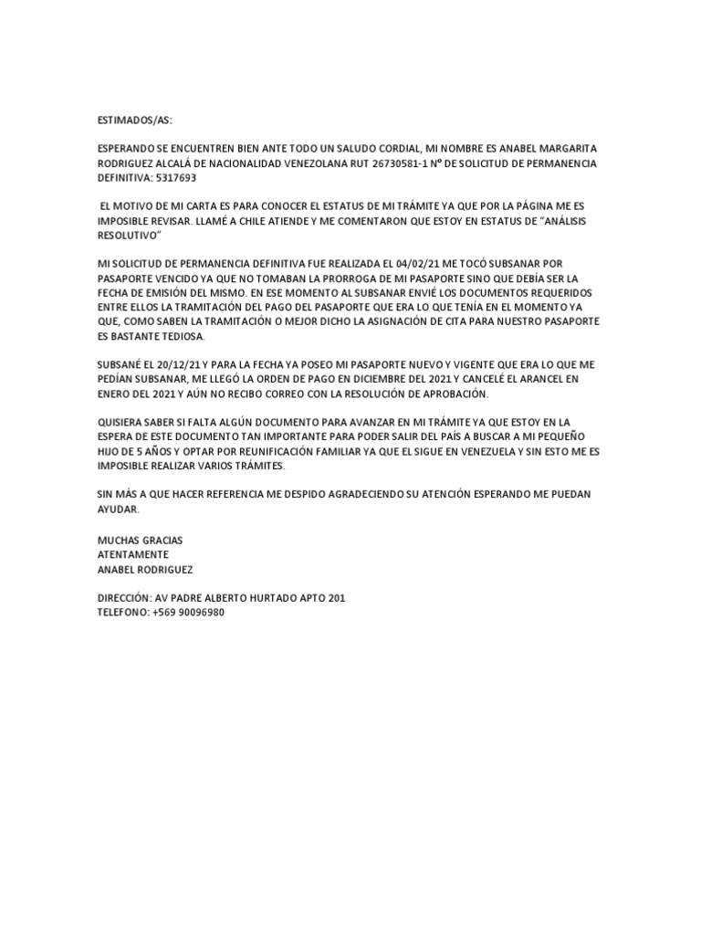 Carta Extranjeria Anabel | PDF