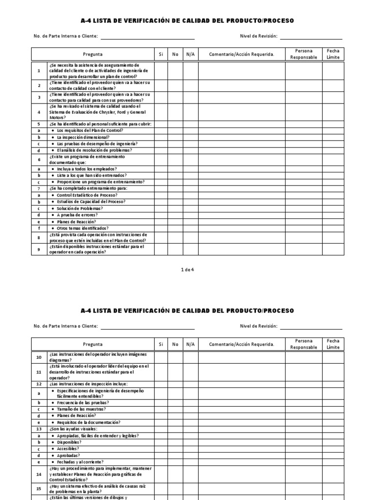 A-4 LISTA DE VERIFICACION DE CALIDAD DEL PRODUCTO PROCESO | PDF ...