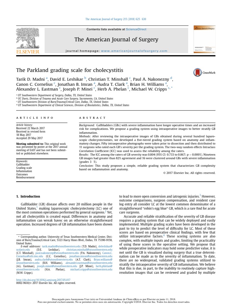 The Parkland Grading Scale For Cholecystitis | PDF | Surgery | Alanine ...