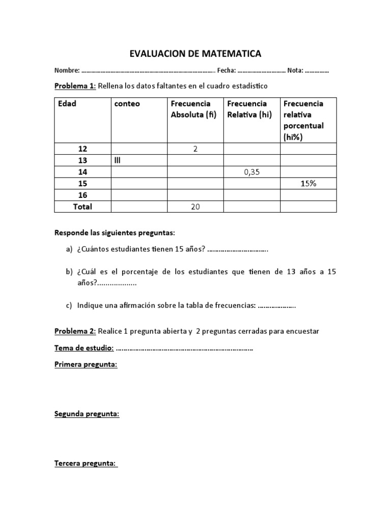 Evaluacion de Matematica 13 de 5to | PDF | Alimentos