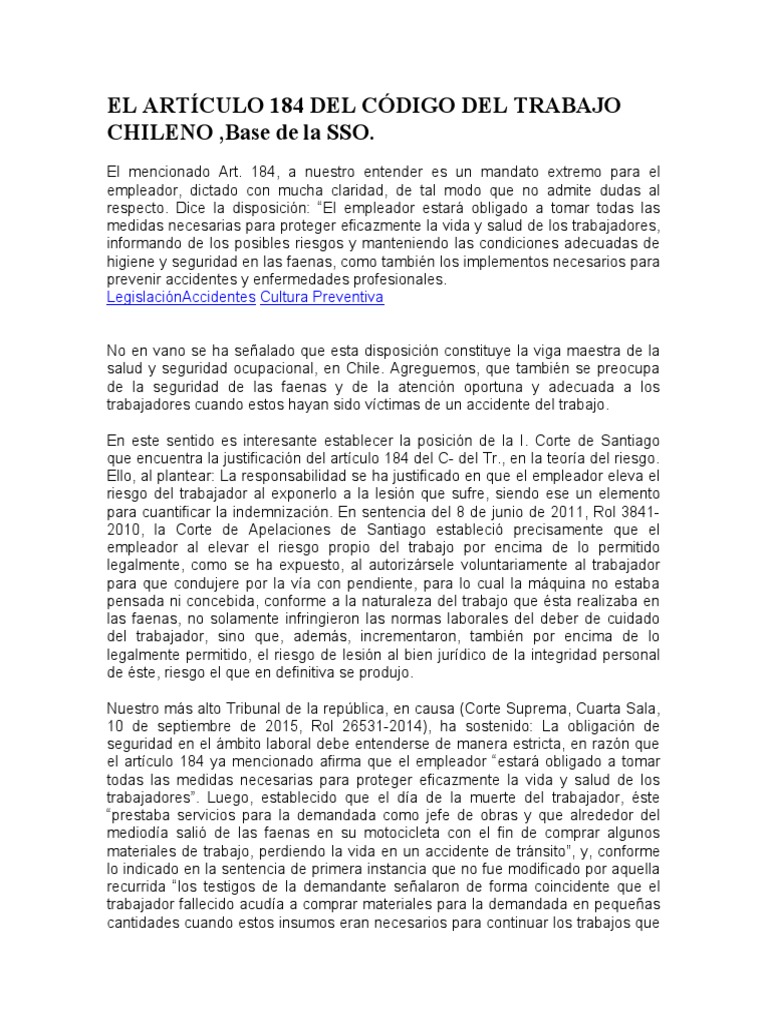 El Artículo 184 Del Código Del Trabajo Chileno | PDF | Seguridad y ...