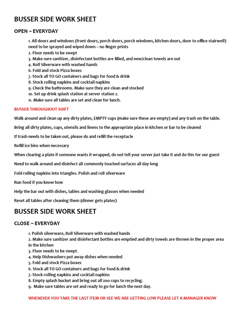 Busser Daily Duties Checklist | PDF